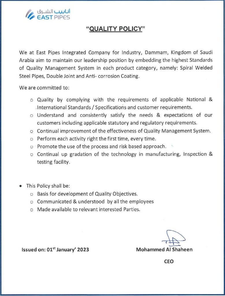 Quality & HSE Policy - East Pipes